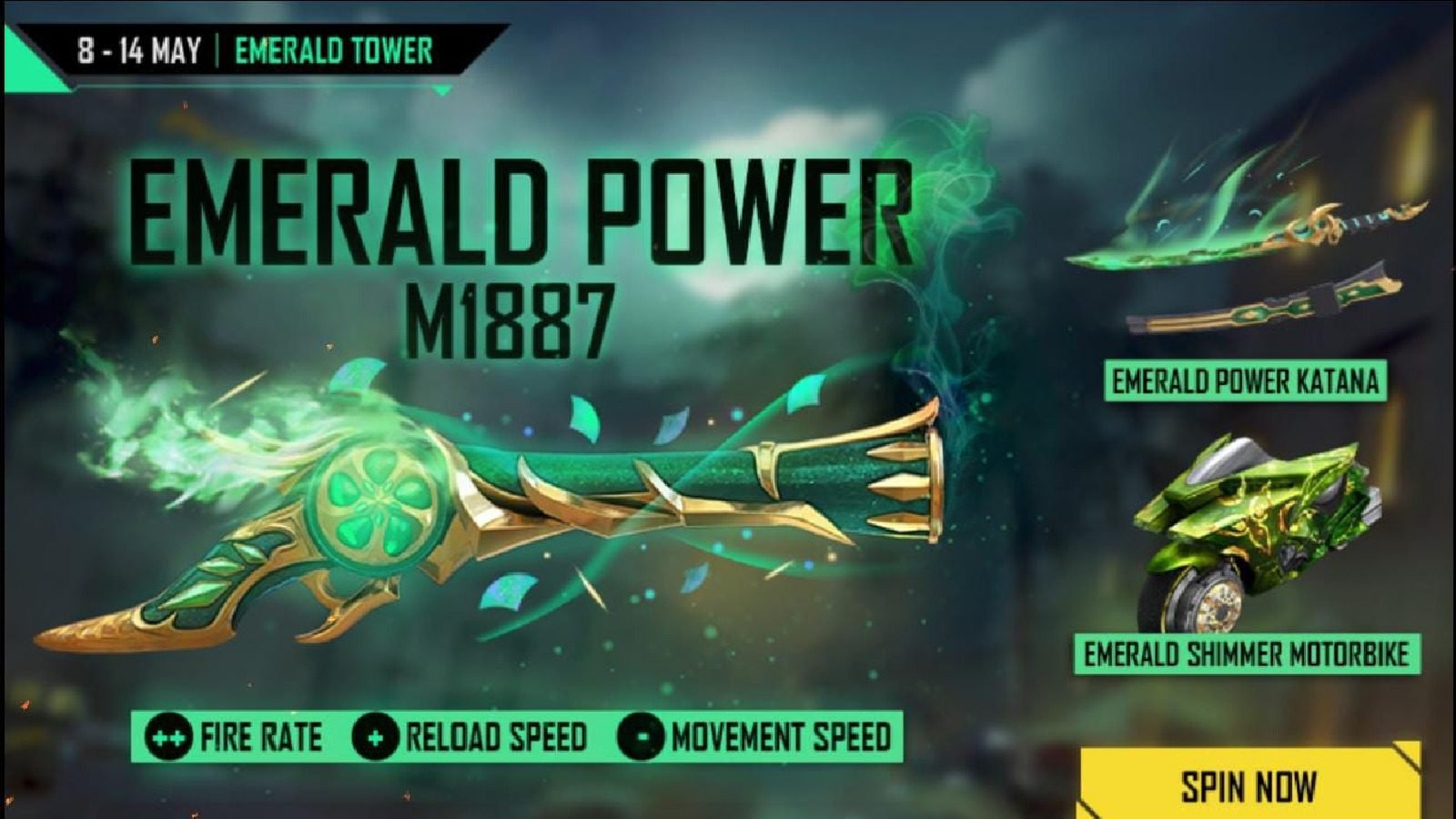 Free Fire Emerald Power M1887 skin: How to get Katana and Motorbike in ... Free Fire Emerald Power M1887 skin: How to get Katana and Motorbike in ...